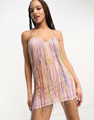 Miss Selfridge - Premium - Robe courte à sequins, ornements et franges - Arc-en-ciel | ASOS