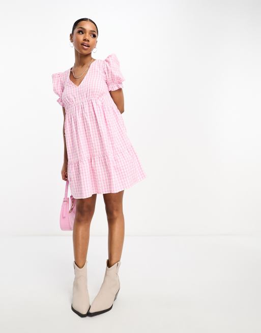 Miss Selfridge Puff Sleeve Tiered Smock Dress In Textured Gingham Asos