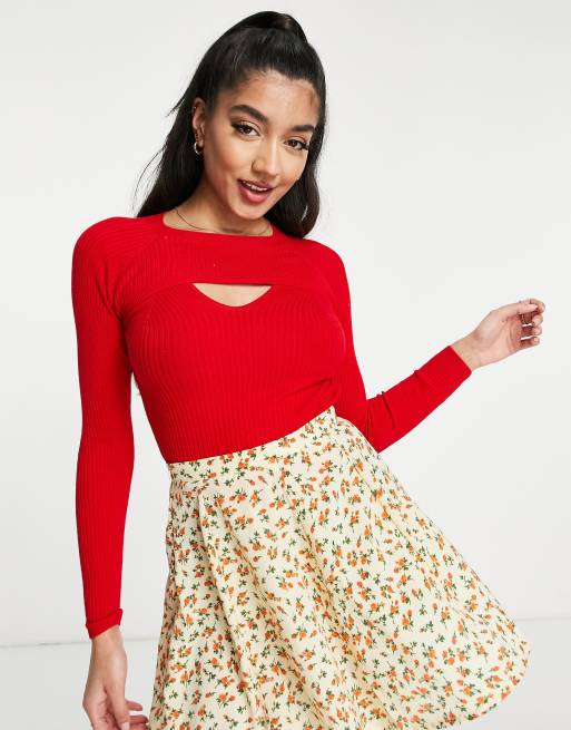 Miss Selfridge - Pull en maille côtelée à découpes - Rouge | ASOS