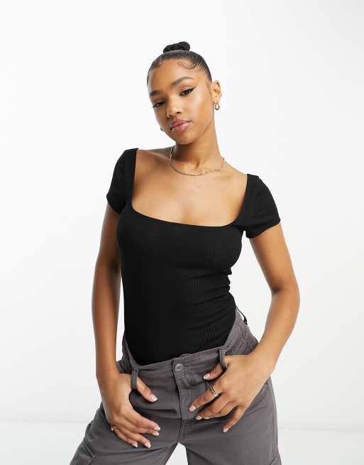 Miss Selfridge ribbed square neck bodysuit in black | ASOS