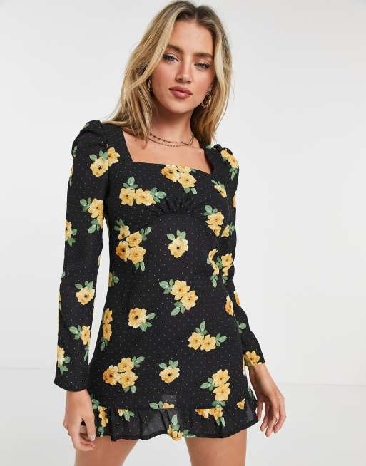 Miss Selfridge - Robe courte à encolure carrée - Noir fleuri | ASOS