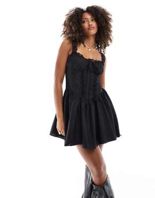 Miss Selfridge - Robe courte style western en popeline à corsage bordé de dentelle - Noir | ASOS
