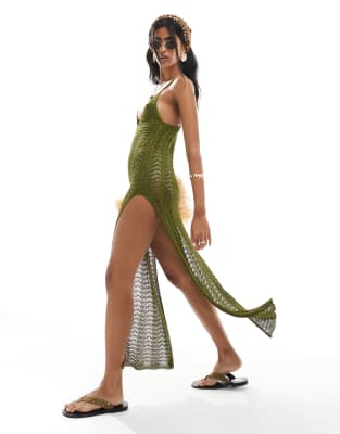 Miss Selfridge - Robe longue en maille au crochet à col V plongeant - Olive foncé | ASOS