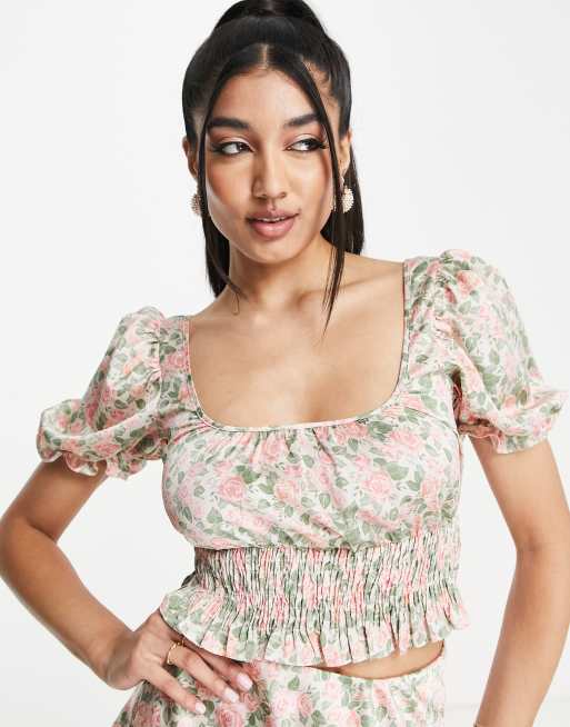 Miss Selfridge Satin Shirred Tea Top In Rose Print Part Of A Set Asos