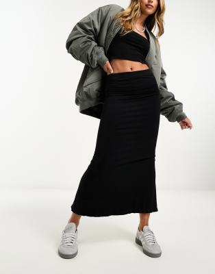 Miss Selfridge seamless low rise midaxi skirt in black | ASOS