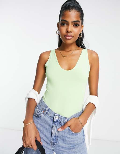 Miss Selfridge sleeveless voop neck bodysuit in green | ASOS