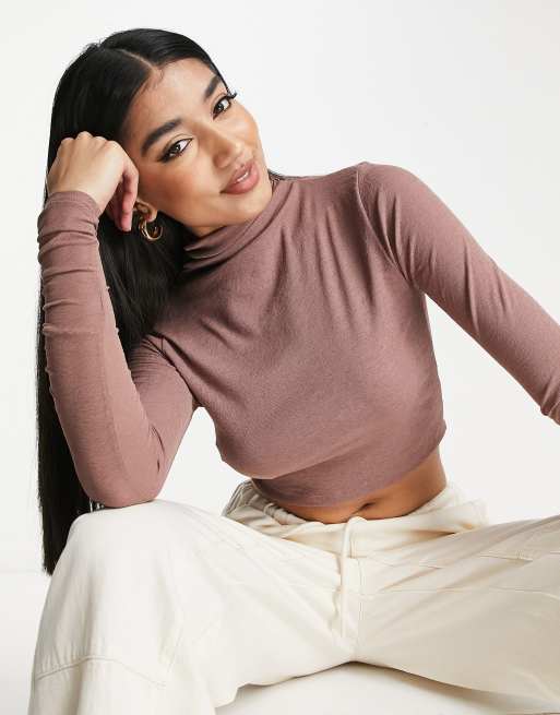 Miss Selfridge Textured Mesh Ruched Sleeve Turtle Neck In Mocha Asos