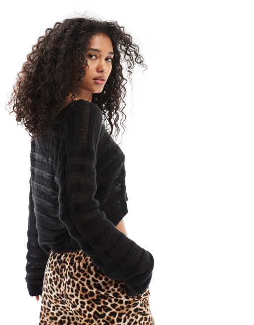Miss Selfridge thick and thin knit V neck sweater in black | ASOS