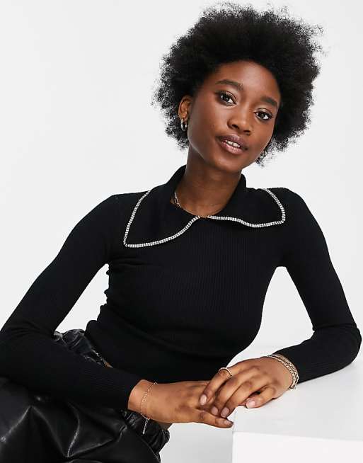 Miss Selfridge - Top avec col ornementé en maille côtelée - Noir | ASOS Miss Selfridge - Top avec col ornementé en maille côtelée - Noir | ASOS