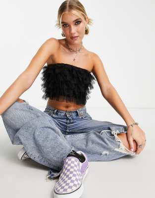 Miss Selfridge - Top bandeau en tulle à volants - Noir | ASOS