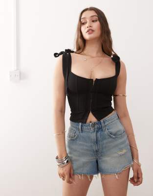 Miss Selfridge - Top style corset à bretelles nouées - Noir | ASOS