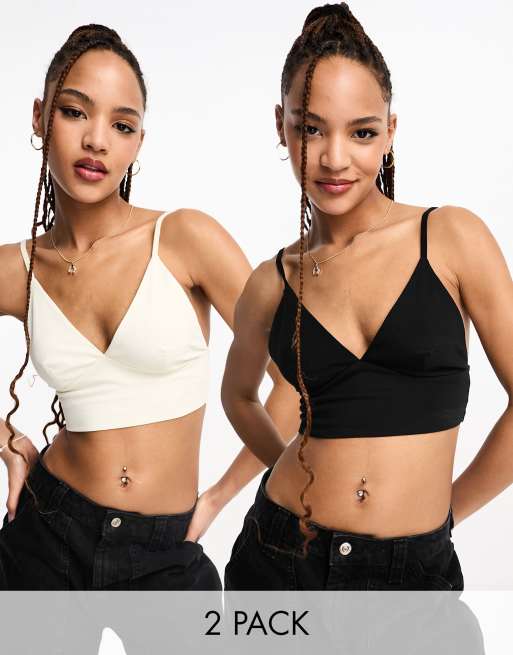 Miss Selfridge v neck crop top 2 pack in cream and black | ASOS
