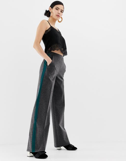 Miss Selfridge wide leg pants with side stripe in silver | ASOS