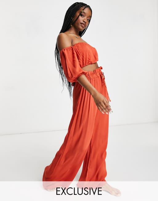 Missguided - Ensemble top Bardot et pantalon en gaze - Caramel | ASOS