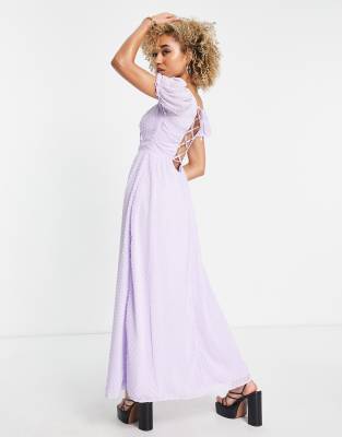 Missguided – Liliowa sukienka midaxi typu milkmaid z materiału dobby ze ...