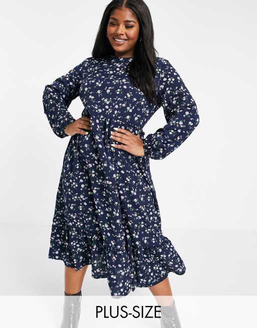Missguided Plus Smock Dress With Ruffle Hem In Ditsy Floral Asos