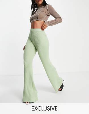 Missguided Ribbed Flare Pants In Sage - Part Of A Set-green | ModeSens