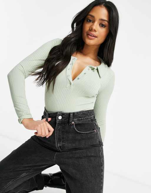 Missguided ribbed long sleeve bodysuit with collar in sage | ASOS