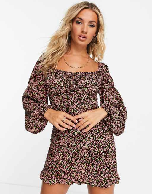 Missguided - Robe courte tendance folk à manches ballon et à fleurs ...