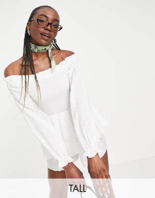Missguided Tall bardot shirred playsuit with frill detail in white | ASOS