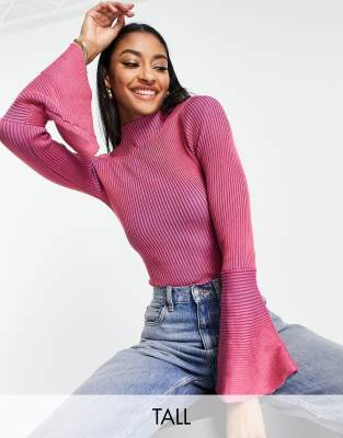 Missguided Tall contrast knit flare sleeve body in pink | ASOS