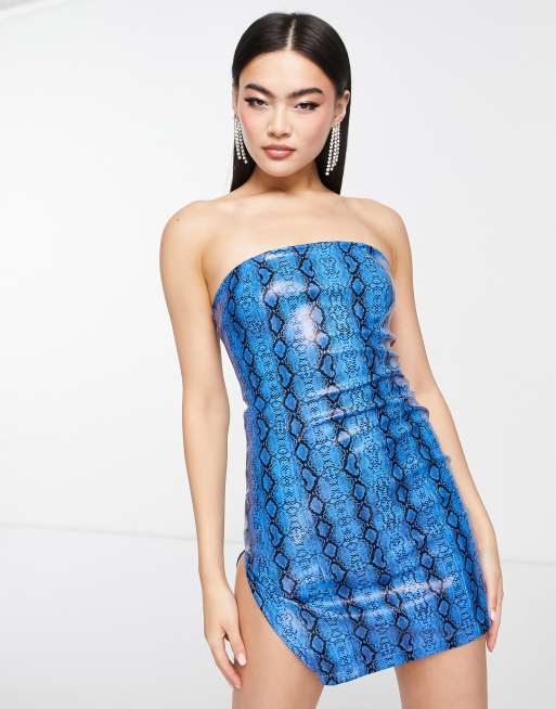 Missy Empire bandeau side split mini dress in blue leather look snake ...