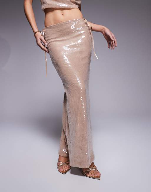 Missyempire extreme cowl front halter crop top and maxi skirt co-ord in cream glazed sequin | ASOS