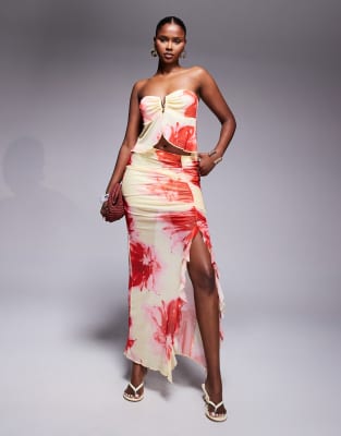 Missyempire mesh bandeau split front top and maxi skirt co-ord in yellow & pink flower print | ASOS