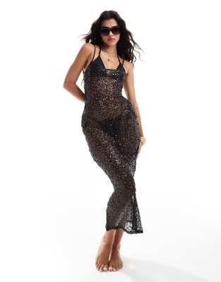 Missyempire - Robe longue de plage à bretelles en maille au crochet à sequins - Noir | ASOS