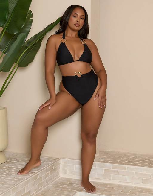 Moda Minx x Bernadette Afia Curve - Bas de bikini avec détail métallique doré - Noir | ASOS