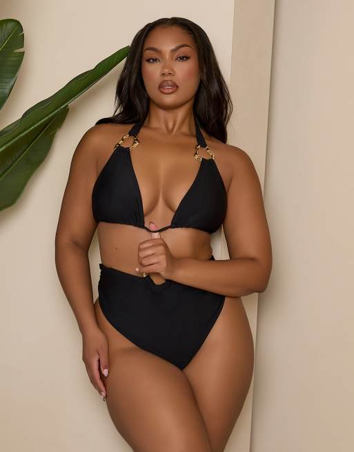 Moda Minx x Bernadette Afia Curve - Haut de bikini triangle avec détail métallique doré - Noir ...