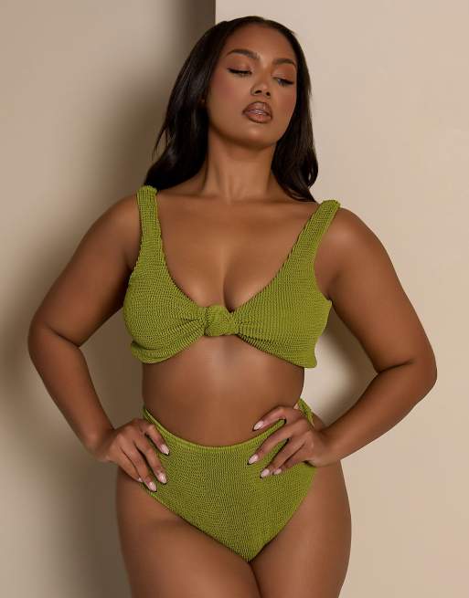 Moda Minx x Bernadette Afia Curve scrunch knot front bikini top in khaki | ASOS