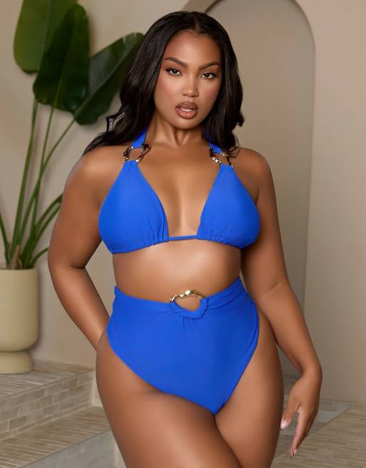 Moda Minx x Bernadette Afia Curve triangle bikini top with gold hardware detail in cobalt blue ...