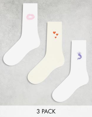 Monki 3 pack ankle socks in white with multi colour embroidery motifs ...