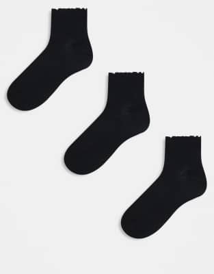 Monki 3 pack ankle socks with frill edge in black | ASOS
