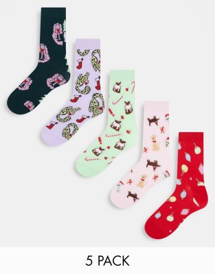 Monki 5 pack christmas print socks in multi coloured | ASOS