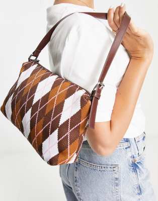 Monki argyle print shoulder bag in brown | ASOS