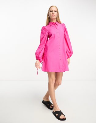 Monki balloon sleeve mini shirt dress in pink | ASOS