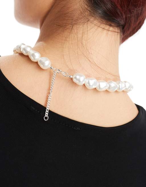 Monki big pearl short necklace in silver | ASOS