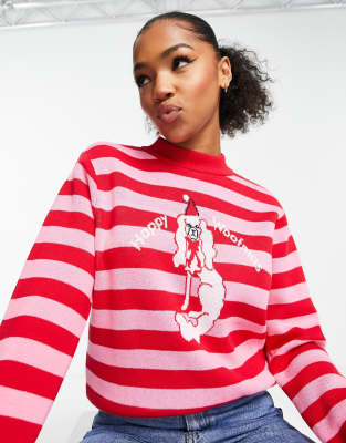 Monki Christmas dog knitted jumper in pink and red stripe | ASOS