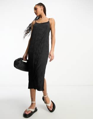 Monki crinkle cami midi dress in black | ASOS