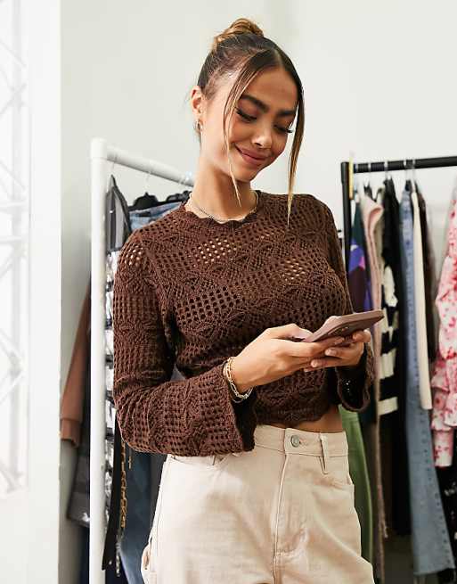 Monki crochet long sleeve top in brown | ASOS Monki crochet long sleeve top in brown | ASOS