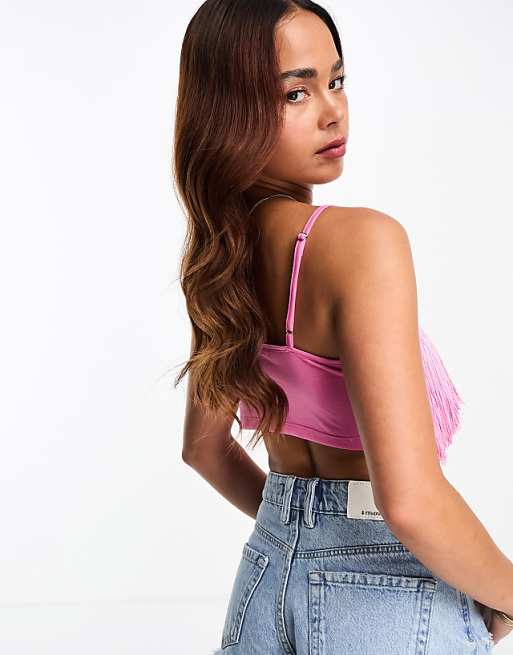 Monki fringe cami cropped top in pink | ASOS Monki fringe cami cropped top in pink | ASOS