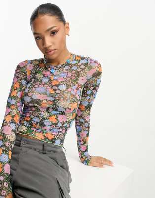 Monki gathered front mesh top in multi floral | ASOS