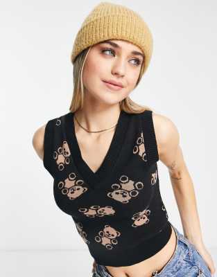 Monki - Gebreide spencer met teddyberen in zwart | ASOS