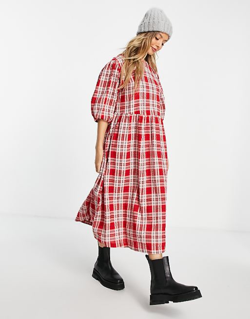 Monki - Geruite seersucker midi smockjurk in rood | ASOS Monki - Geruite seersucker midi smockjurk in rood | ASOS