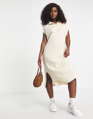 Monki high neck zip collar knitted dress in beige | ASOS