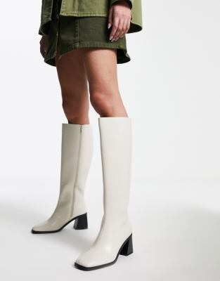 Monki knee high heeled boot in cream | ASOS
