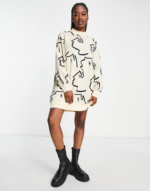 Monki knitted mini dress in beige face print | ASOS Monki knitted mini dress in beige face print | ASOS
