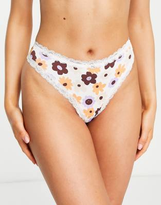 Monki lace trim thong in flower print | ASOS